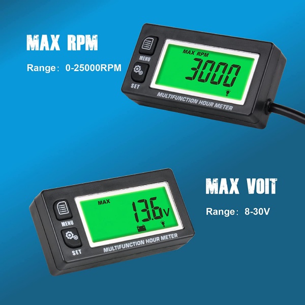 Multifunknčí merač motohodín, otáčok, napätie, podsvietený, vodeodolný
