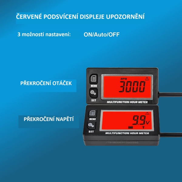 Multifunknčí merač motohodín, otáčok, napätie, podsvietený, vodeodolný