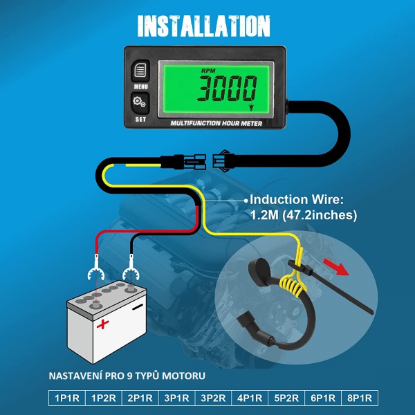 Multifunknčí merač motohodín, otáčok, napätie, podsvietený, vodeodolný