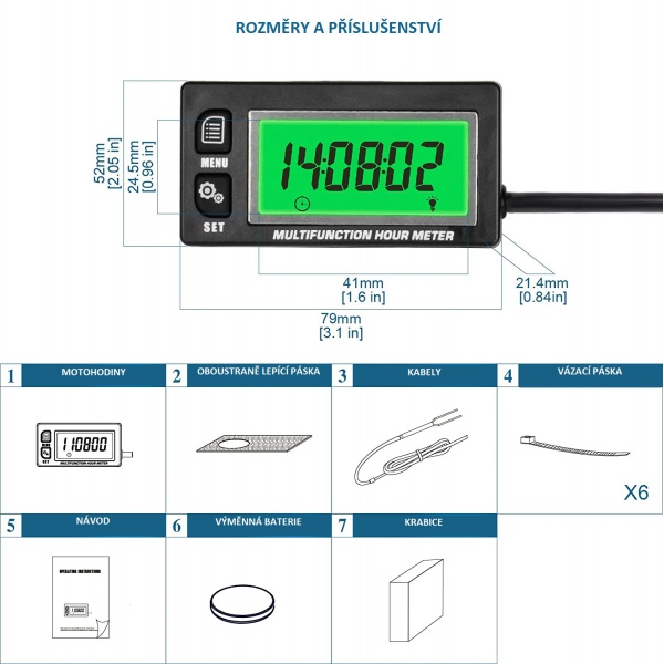 Multifunknčí merač motohodín, otáčok, napätie, podsvietený, vodeodolný